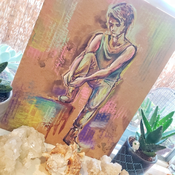 Art | Pastel And Ink Figure Drawing On Cardboard Artwork | Poshmark